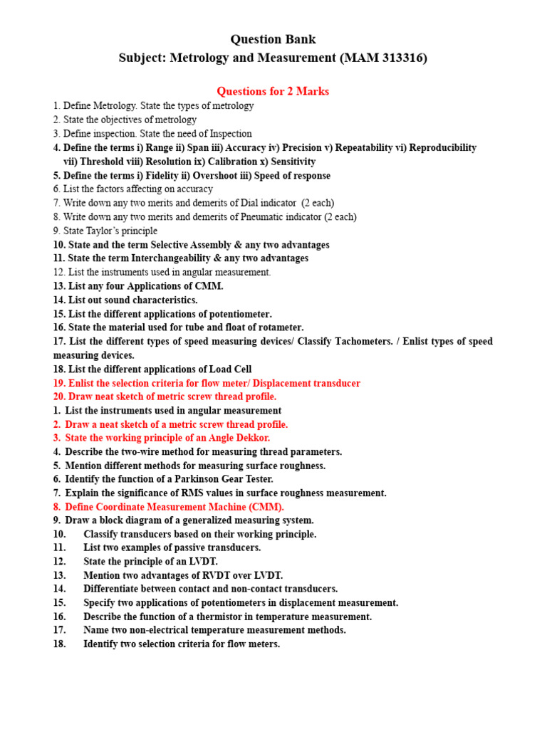 Metrology and Measurement Question Bank | PDF | Metrology | Accuracy ...