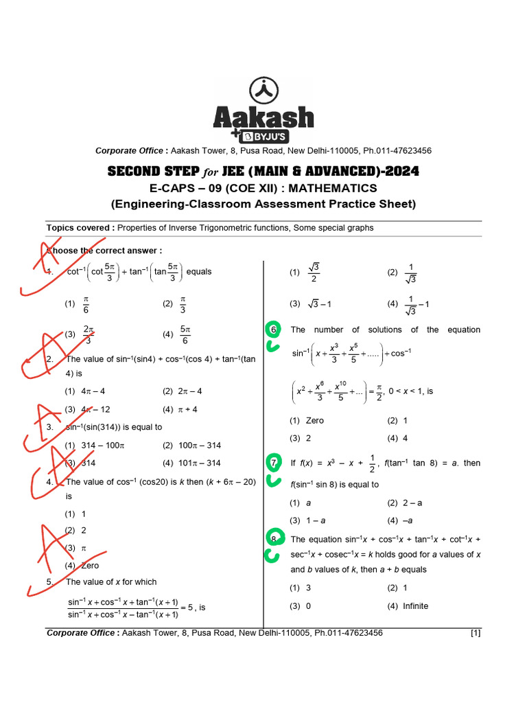 E-CAPS-09 - Class XII (COE) - Maths - Ques+Answer Key | PDF | Complex Analysis | Elementary ...