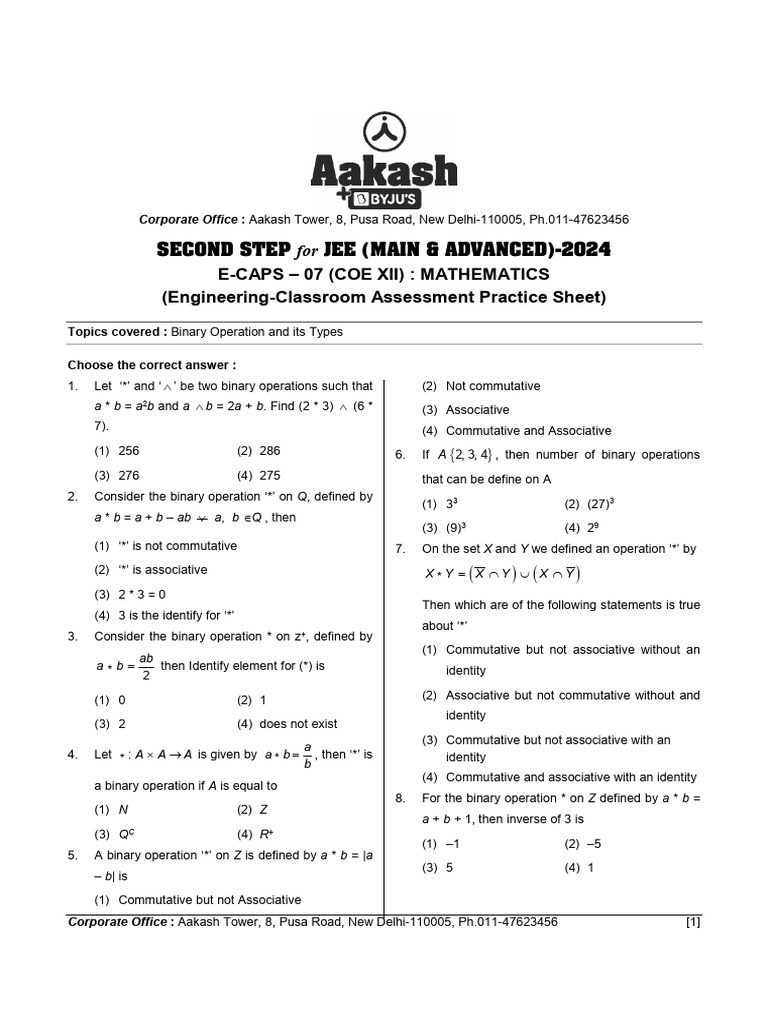 E-CAPS-07 - Class XII (COE) - Maths - Ques+Answer Key | PDF | Functions And Mappings | Mathematics