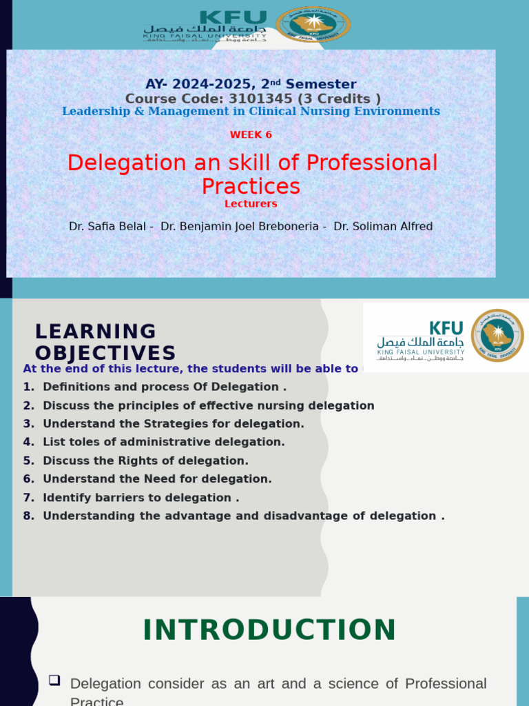 Lecture 6 - Delegation 2024-2025 | PDF | Nursing | Psychology