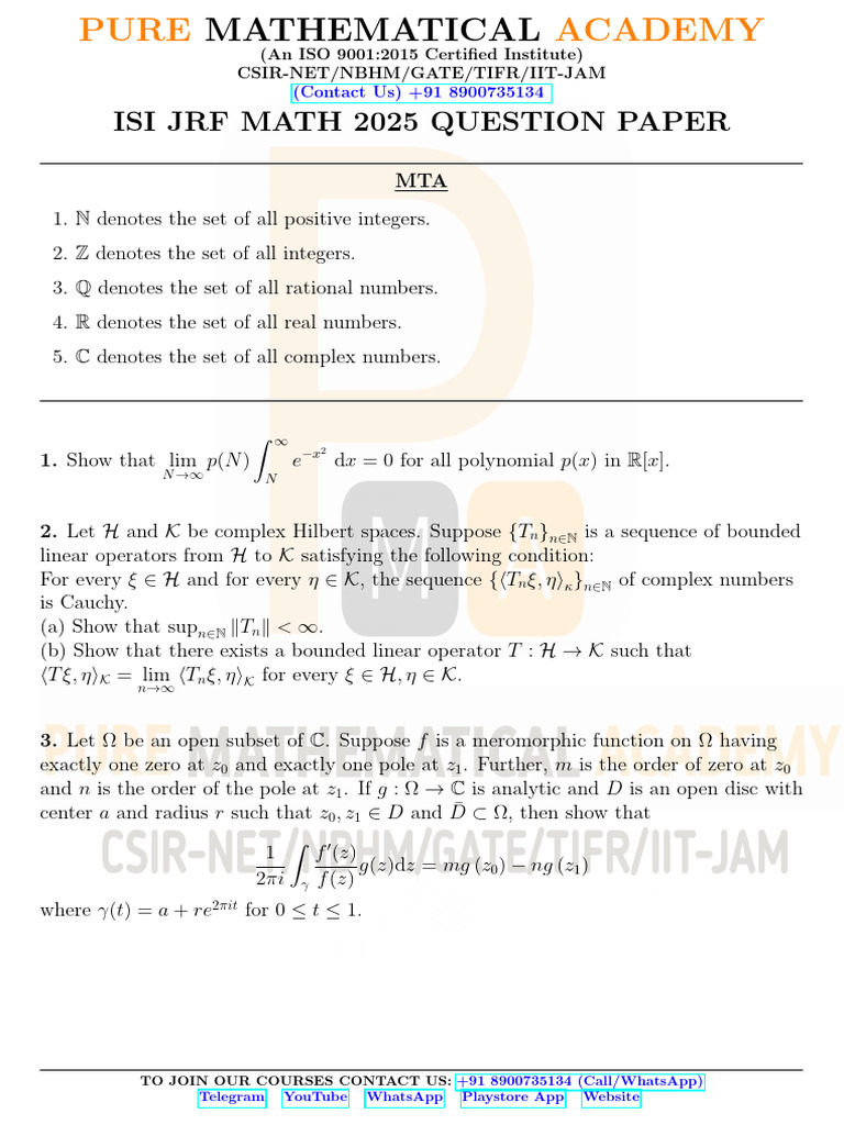 ISI JRF 2025 Mathematics - Pure Mathematical Academy | PDF | Sequence ...