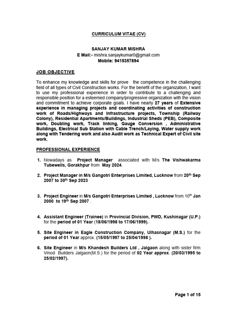 Updated CV Sanjay Kumar Mishra | PDF | Project Management | Specification (Technical Standard)