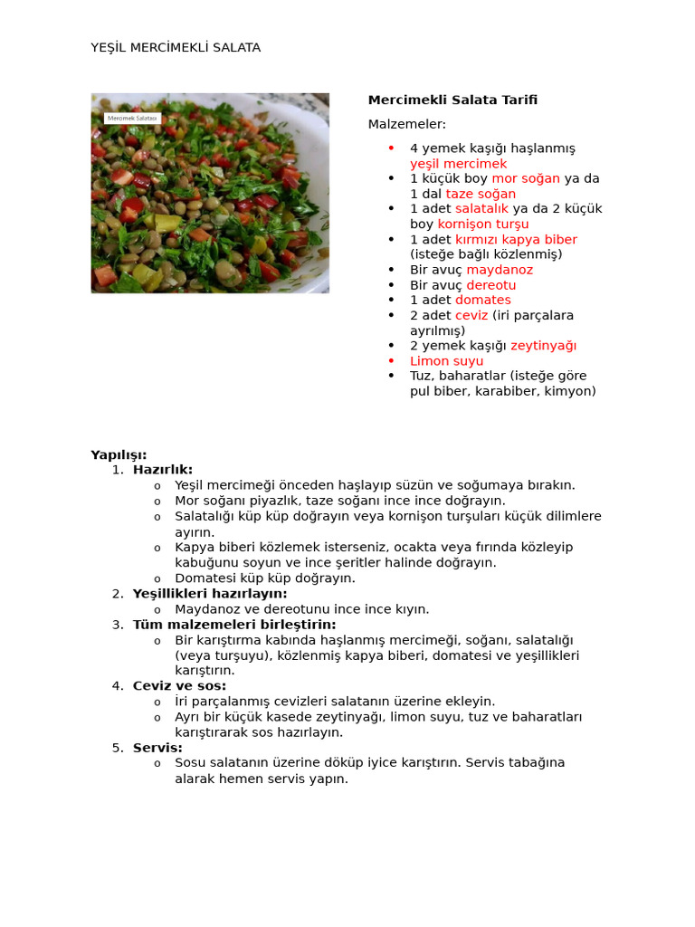 Mercimekli Salata Tarifi | PDF