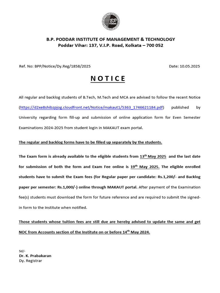 Notice On Examination Form Fill Up For Even Semester 2024 - 2025 | PDF