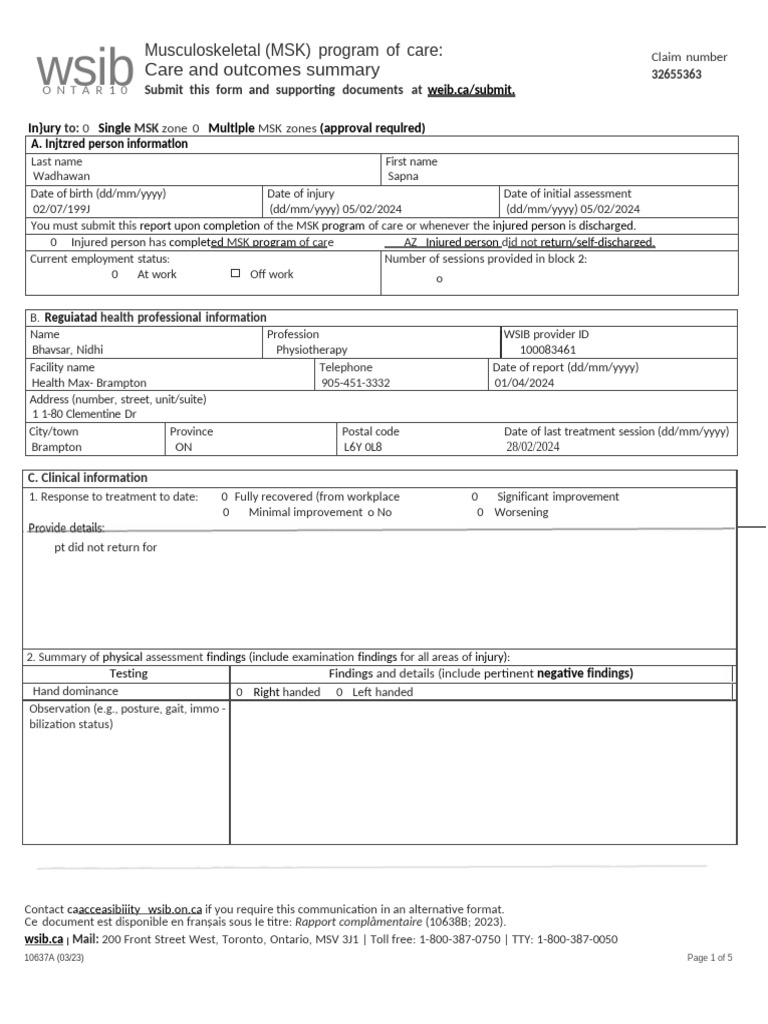 WSIB MSK Care Outcome Summary Report | PDF | Diseases And Disorders ...