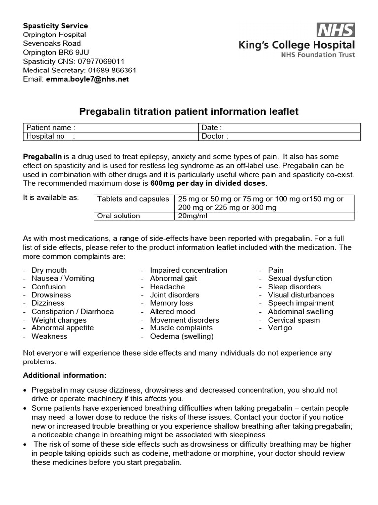 Pregabalin Titration Guide for Patients | PDF | Clinical Medicine ...