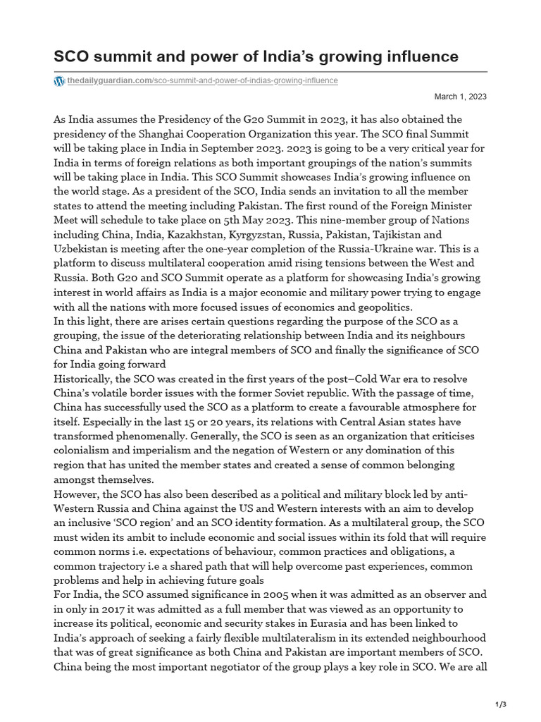 SCO Summit and Power of Indias Growing Influence | PDF | Foreign ...
