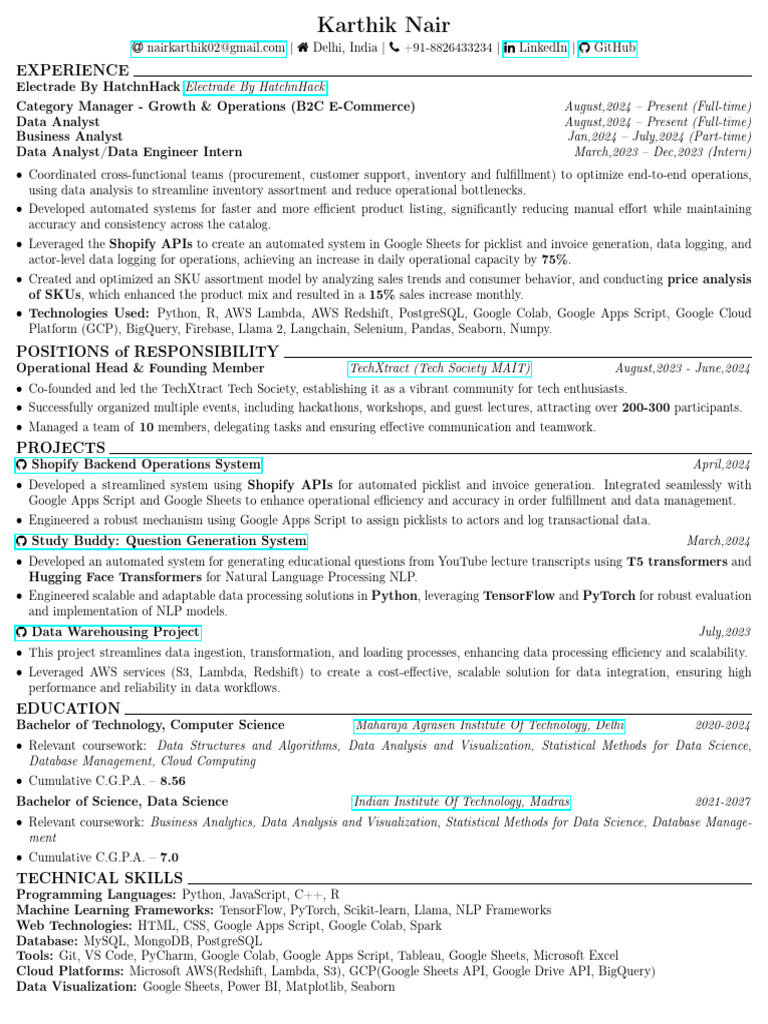 Karthik Nair Resume PDF | PDF | Data Science | Databases