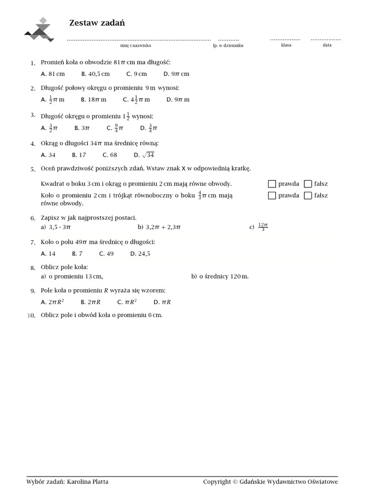 Matematyka Klasa 8a Obwód I Pole Koła | PDF