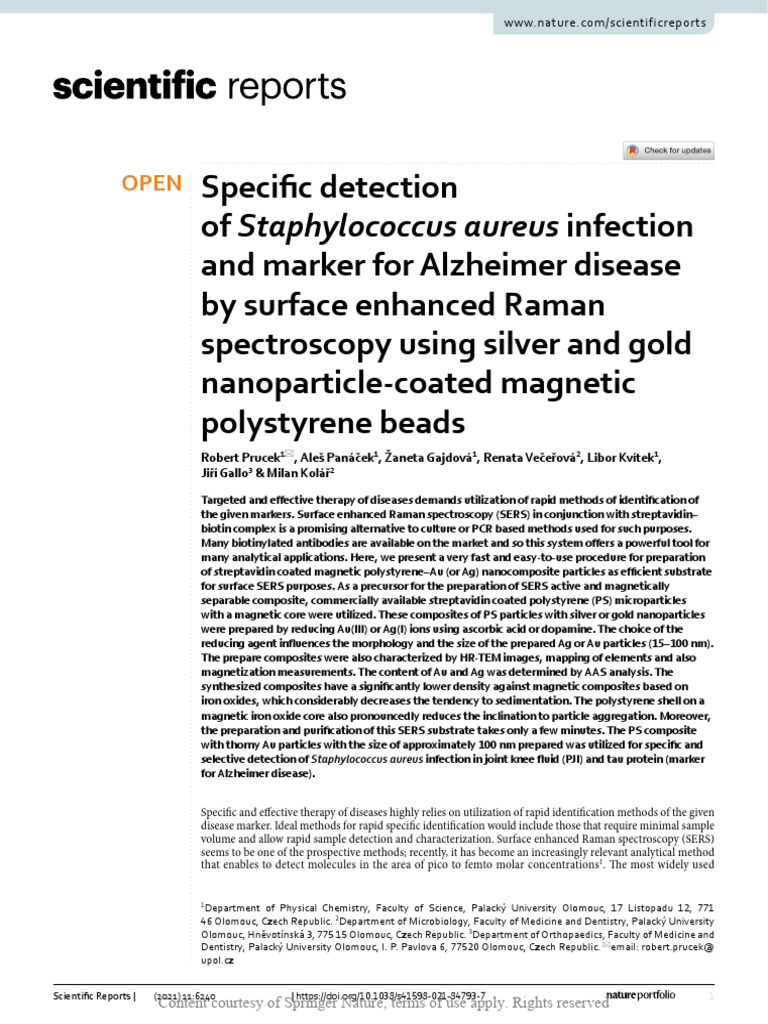 Specific Detection of Staphylococcus Aureus Infection and Marker For Alzheimer Disease by ...
