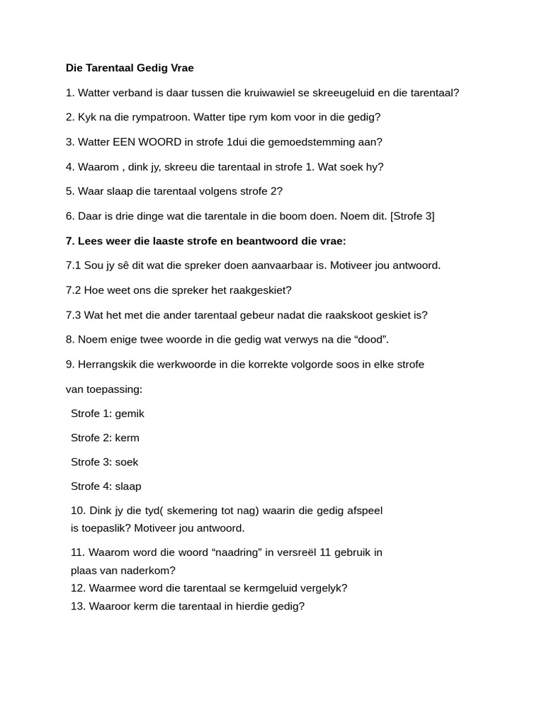 Die Tarentaal Gedig Vrae & Antwoorde | PDF
