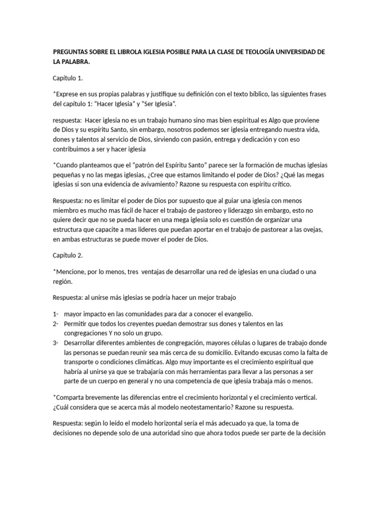PREGUNTAS SOBRE EL LIBROLA IGLESIA POSIBLE Karolain | PDF | Iglesia ...