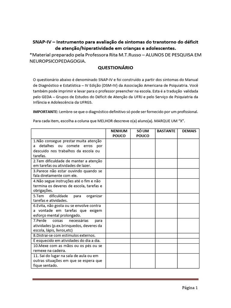 Avaliação SNAP-IV para TDAH Infantil | PDF | Transtorno de déficit de ...