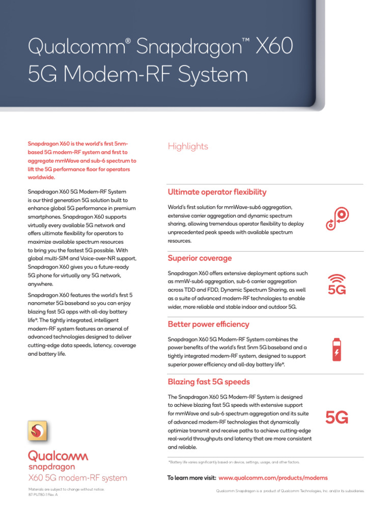 Qualcomm Snapdragon x60 5g Modem RF System Product Brief | PDF | Lte (Telecommunication ...