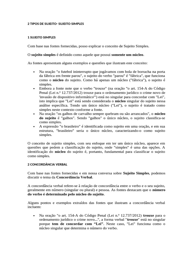Sujeito Simples: Definição e Exemplos | PDF | Assunto (gramática ...