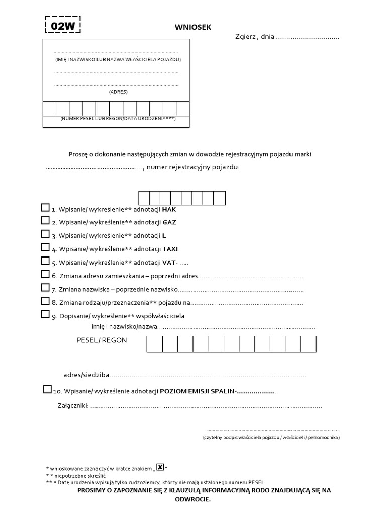 02W Wniosek o Dokonanie Zmian W Dowodzie Rejestracyjnym HAK, GAZ Itp. | PDF