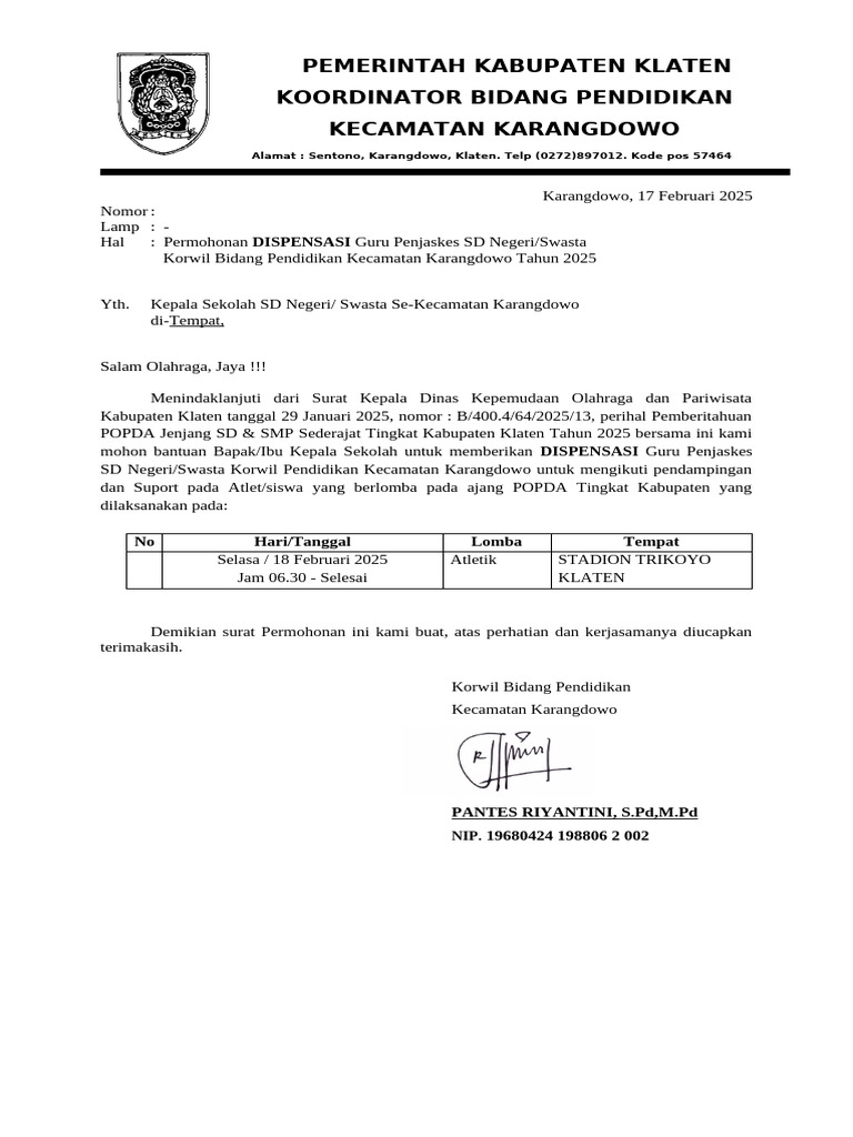 Surat Dispensasi Popda 2025 | PDF