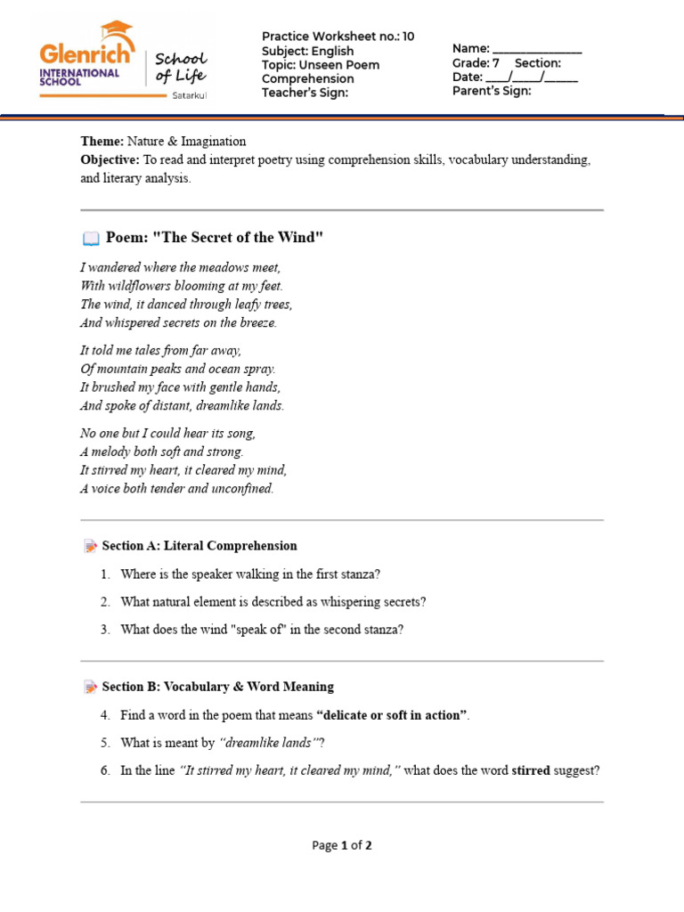 Unseen Poem Comprehension for Grade 7 | PDF | Poetry | Reading ...