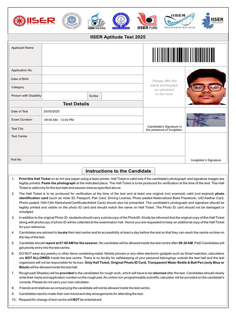IISER Aptitude Test 2025 Candidate Instructions | PDF | Identity ...