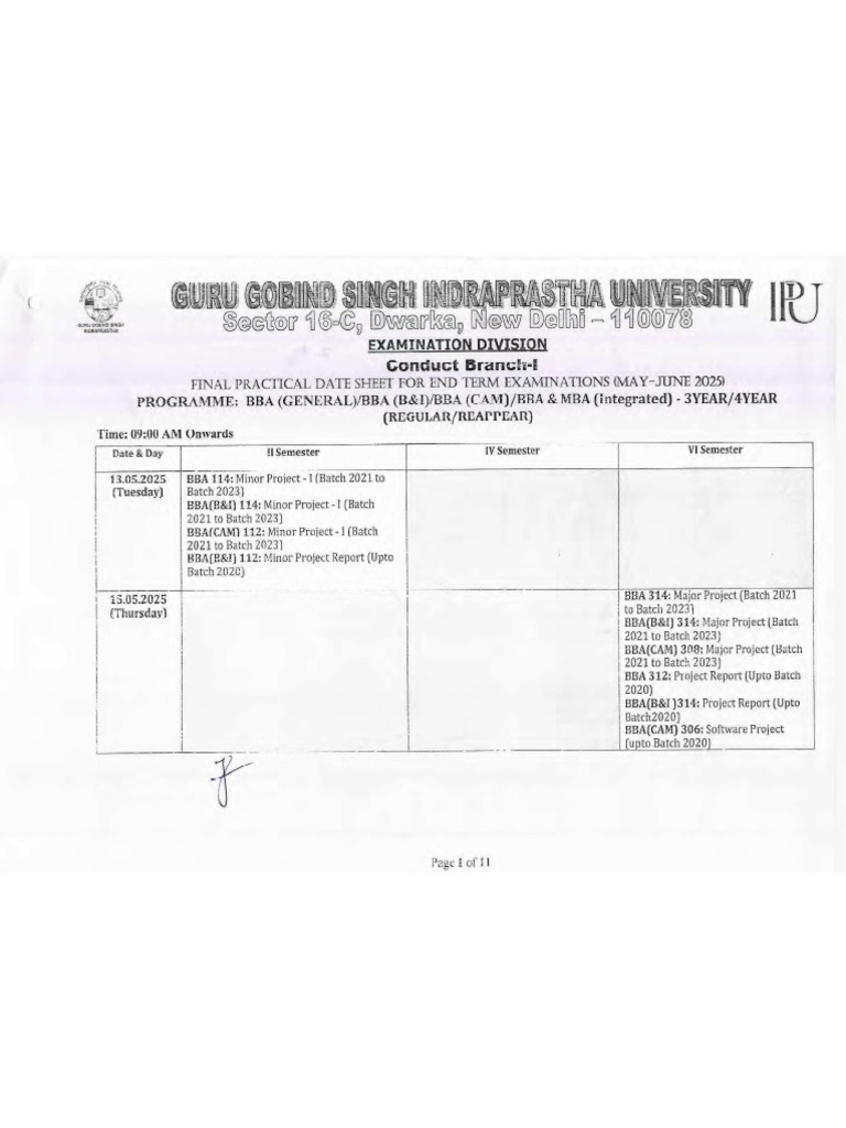 Final Datesheet May 2025 Bba Bcom H Pdf