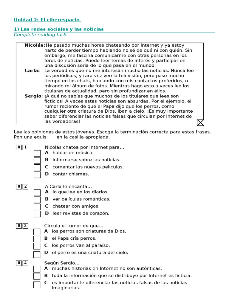 Nicolás:: Complete Reading Task | PDF | Internet | Chat en linea