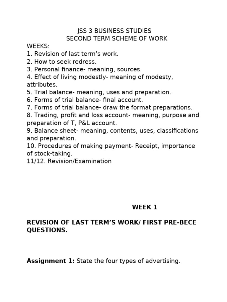 JSS3 SECOND TERM Business Studies | PDF | Bookkeeping | Debits And Credits