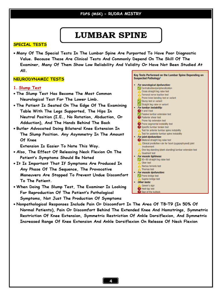 Special Tests For Lumbar Spine | PDF | Anatomical Terms Of Motion ...