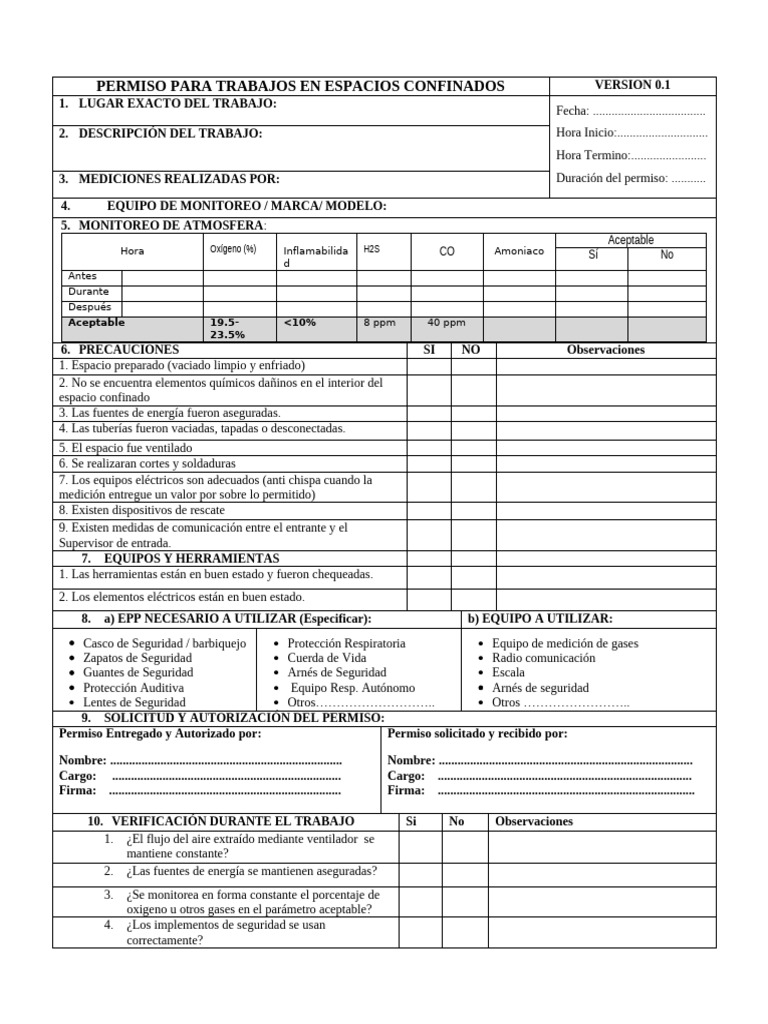 Permiso Trabajo Espacio Confinados | PDF