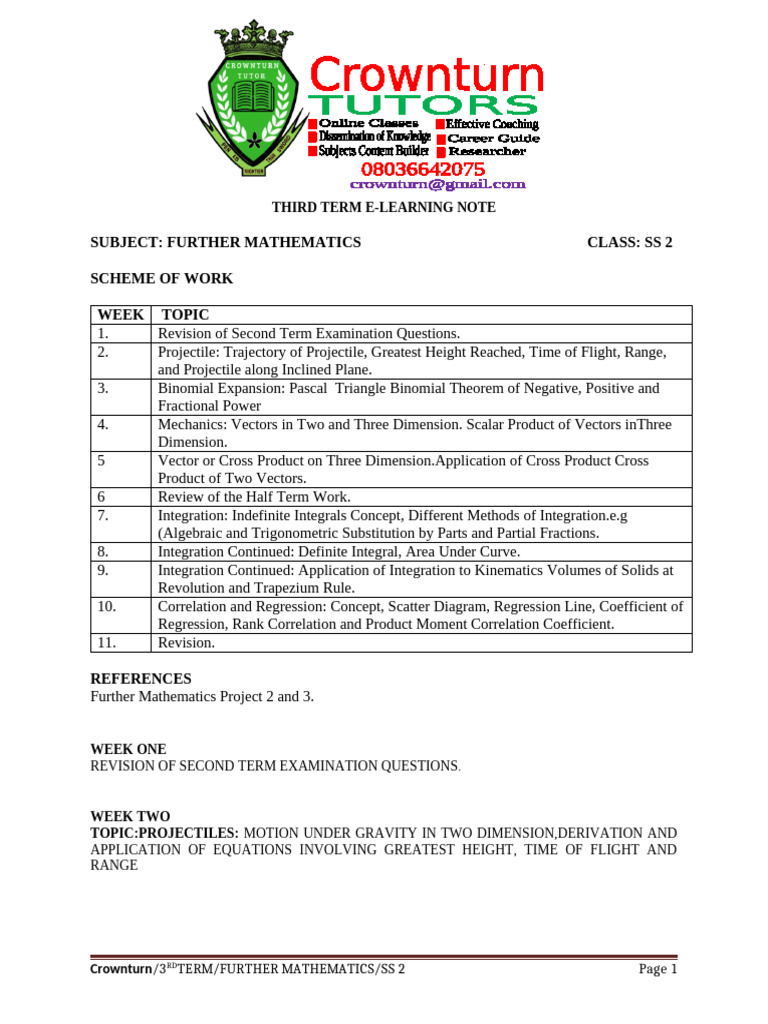 3rd Term s2 Further Mathematics-1 | PDF | Euclidean Vector | Integral