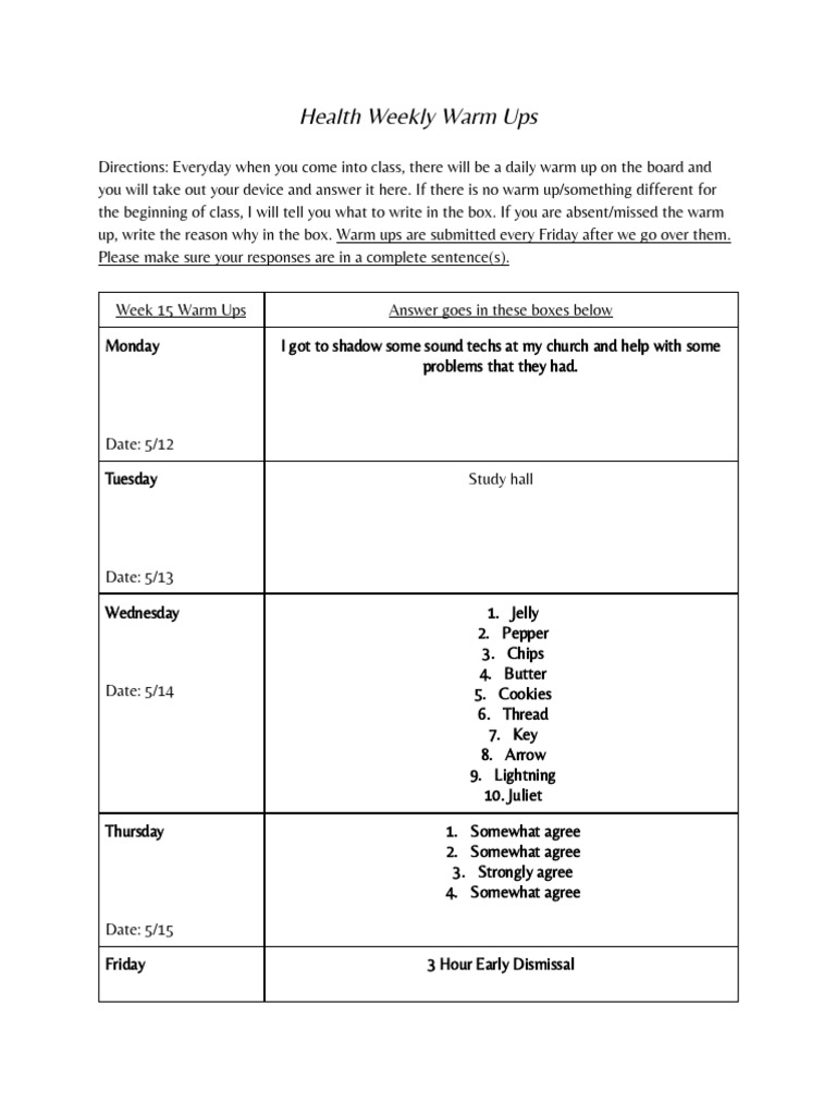 Week 15 Warm Ups | PDF