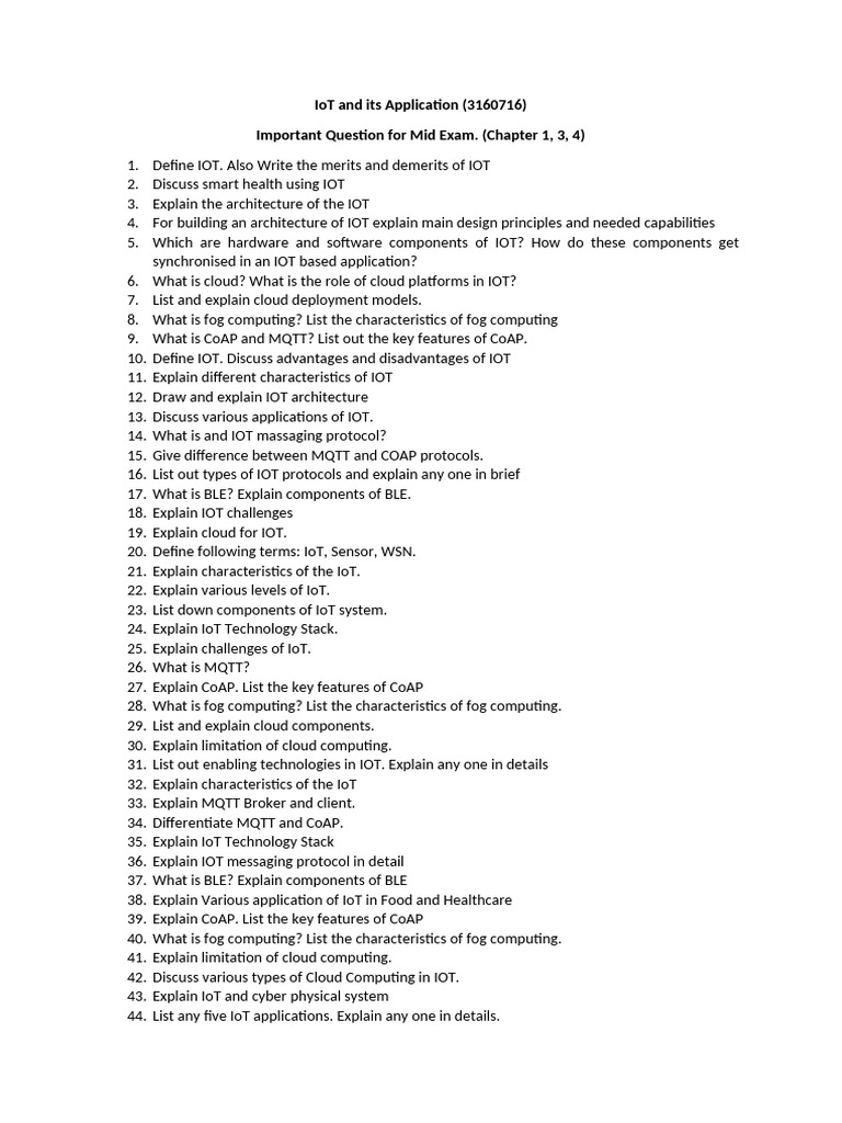 Important Questions Mid Exam | PDF | Internet Of Things | Distributed Computing Architecture