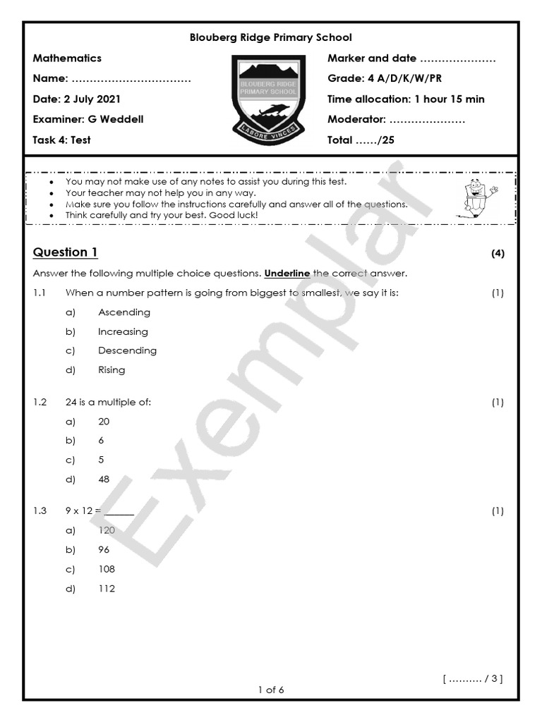 Grade 4 Mathematics Mid Year Examination 2021 | PDF | Mathematics