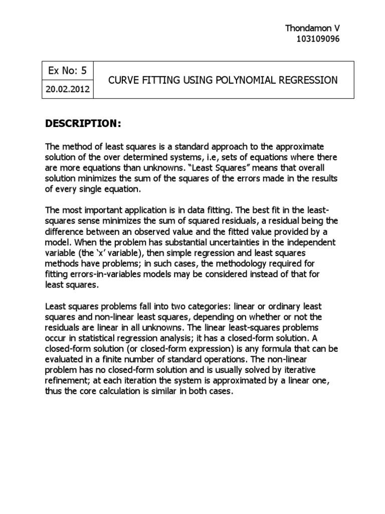 Ex No: 5 Curve Fitting Using Polynomial Regression: Description | PDF | Least Squares | Errors ...