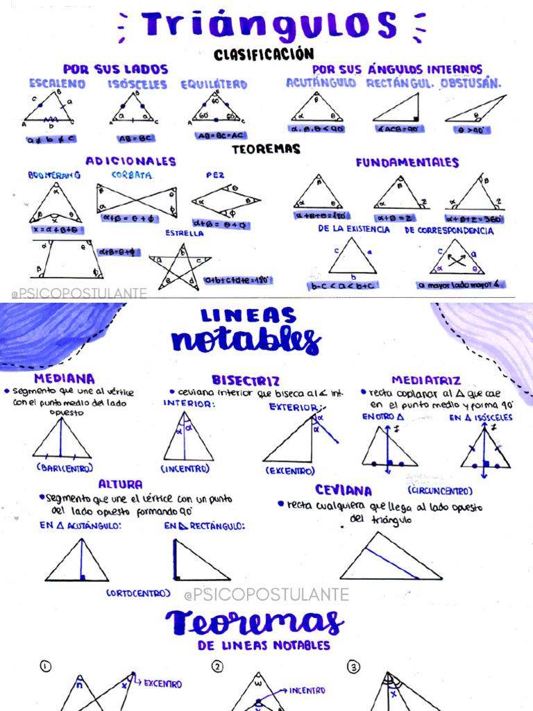 Geometría. Triangulos - Clasificacion, Teoremas, Lineas Notables-1 | PDF
