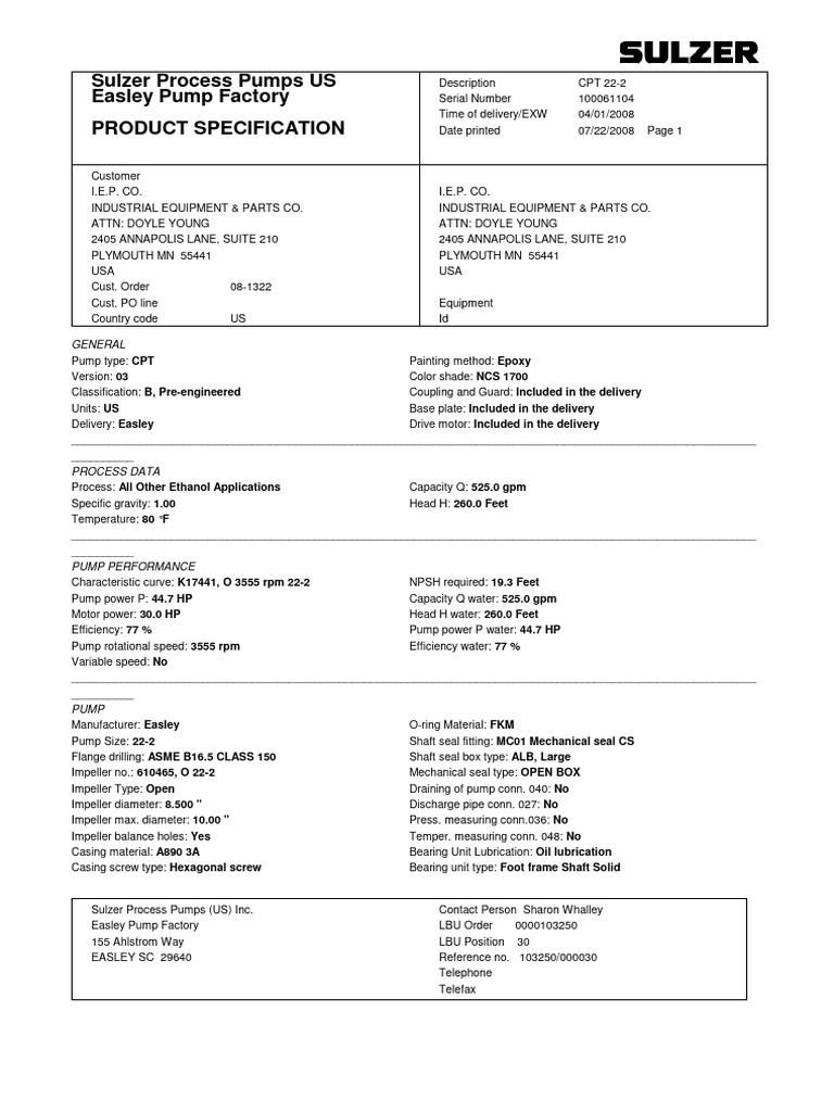 SULZER CPT 22-2 - Ficha Técnica | PDF | Pump | Mechanical Engineering