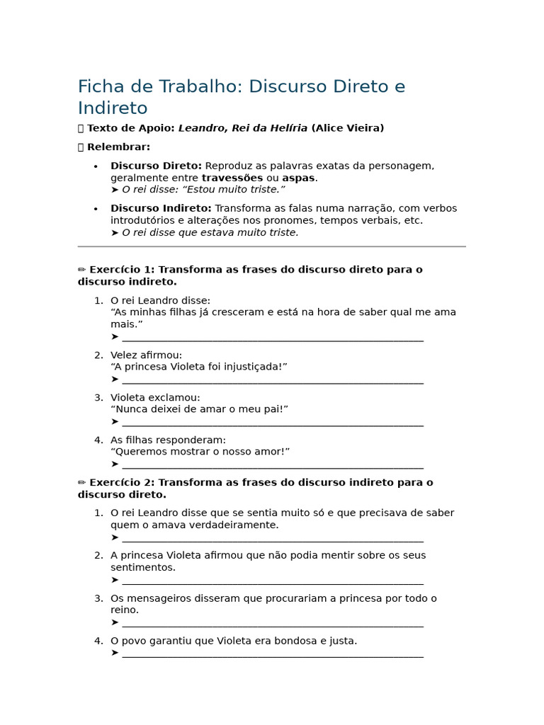 Discurso Direto e Indireto: Exercícios | PDF