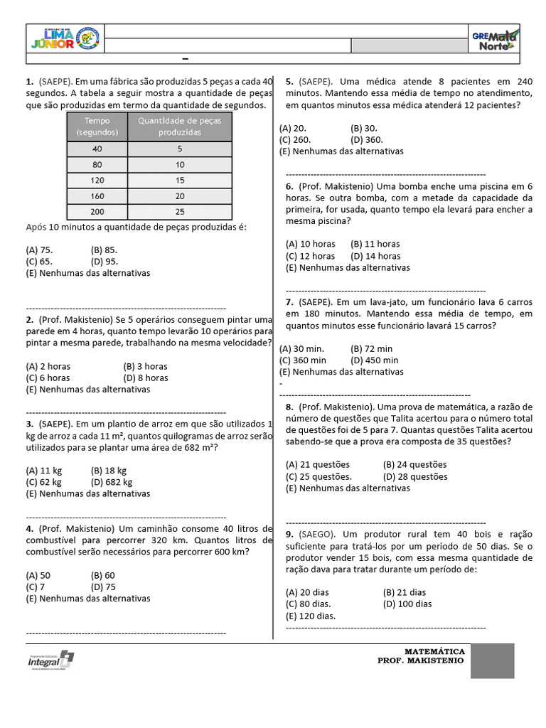 Atv - Comple - Grandezas - Dir - Invers - Proporcionais | PDF