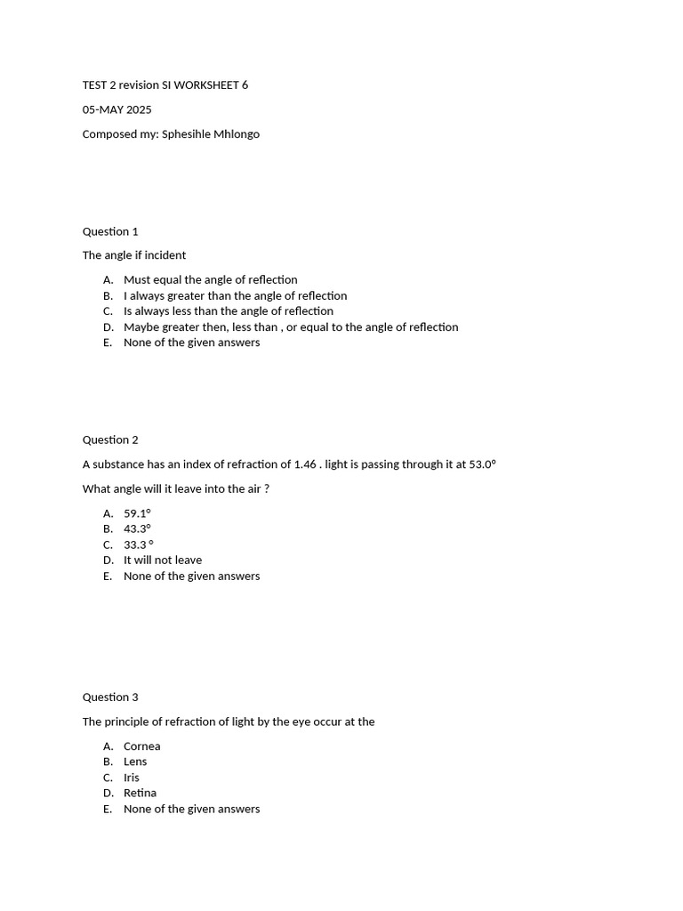 Light Refraction and Mirror Quiz | PDF | Mirror | Optics
