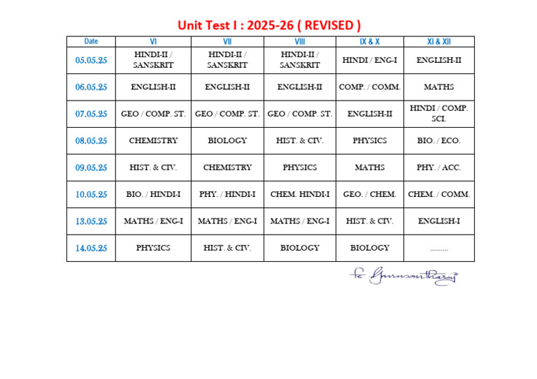 Unit Tes-I Revised Timetable-2025 | PDF