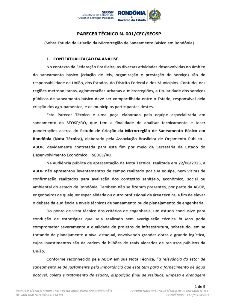Análise do Estudo da ABOP em RO | PDF | Saneamento | Estado