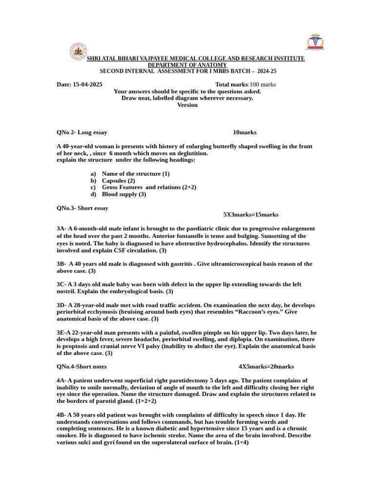 2nd Internal Assessment 15-04-2025 Versions | PDF | Common Carotid Artery | Human Anatomy