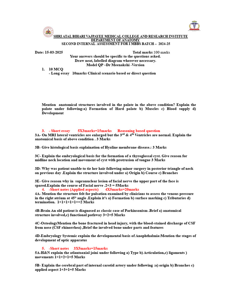 2nd Internal Assessment 15-04-2025 DR Meenakshi | PDF | Anatomy | Neck