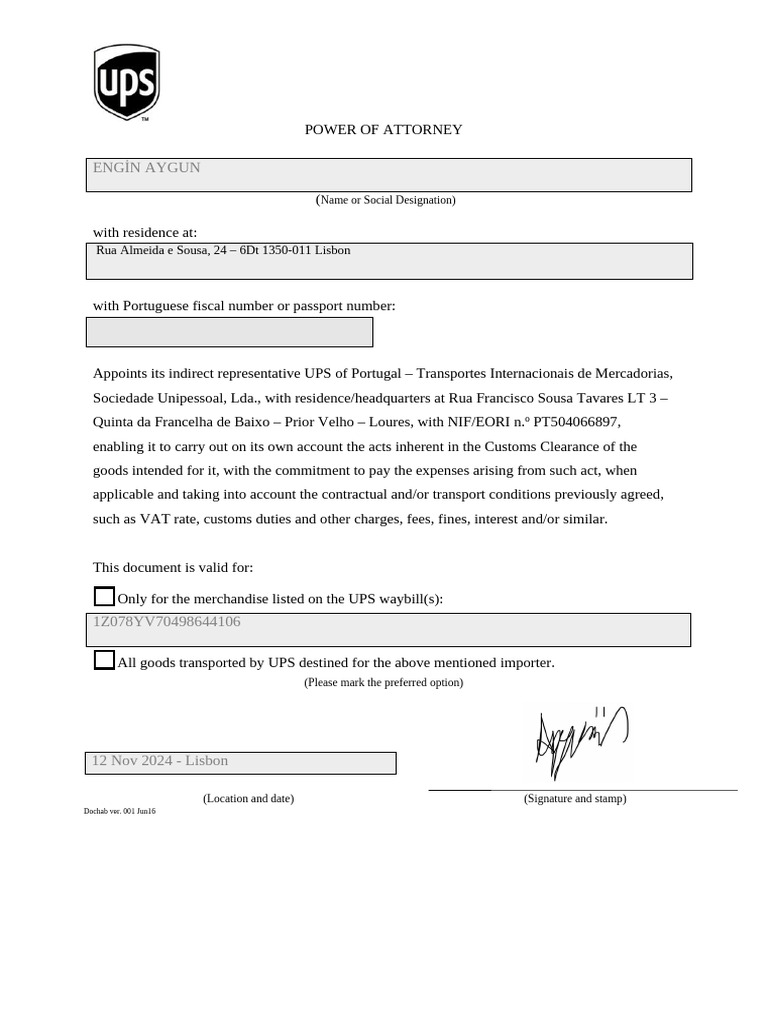 UPS Power of Attorney for Customs | PDF