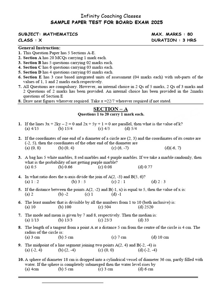 Maths Class X Sample Paper Test 10 For Board Exam 2025 QP | PDF ...