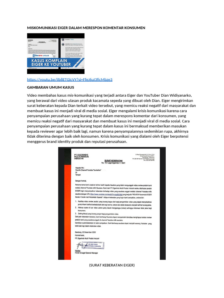 Kasus Miskomunikasi Eiger Dalam Merespon Komentar Konsumen | PDF