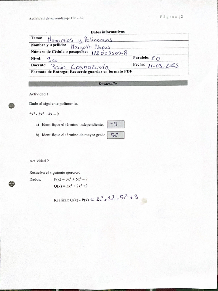 Deber de Matemáticas 1-2seman 2 | PDF