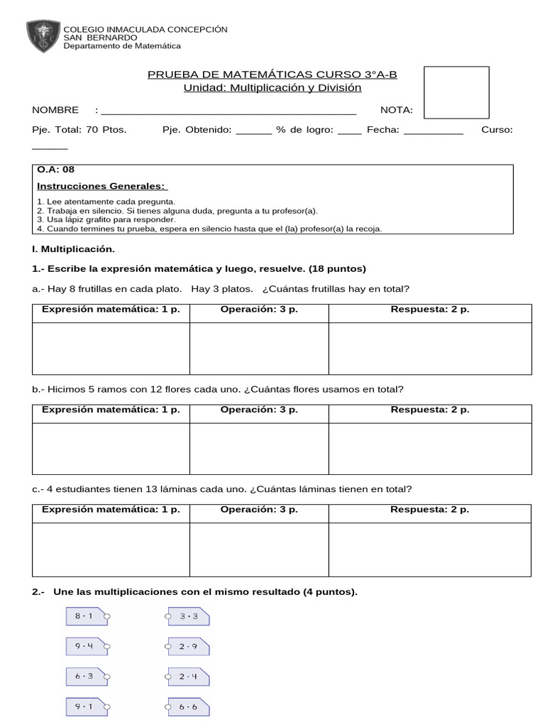 Prueba de Matemáticas 3°A-B: Multiplicación y División | PDF | Matemáticas