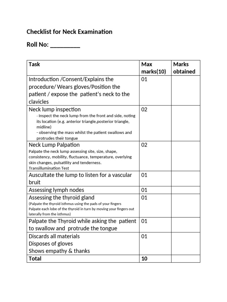 Neck Examination Checklist | PDF