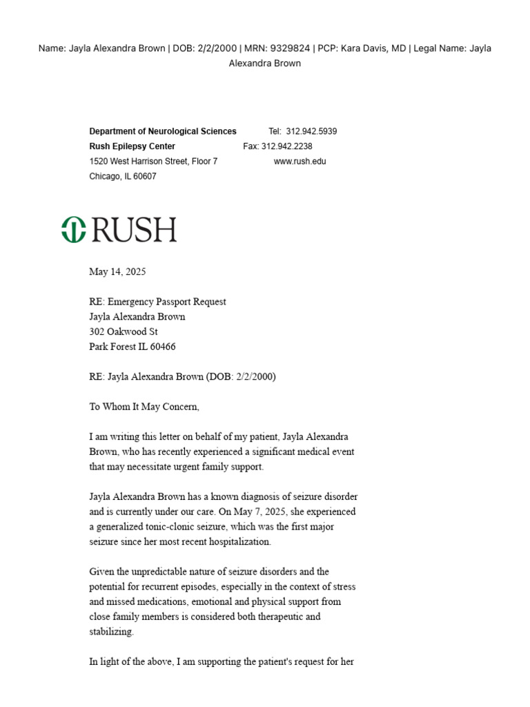 Jayla Seizure Letter | PDF | Epilepsy | Episodic And Paroxysmal Disorders