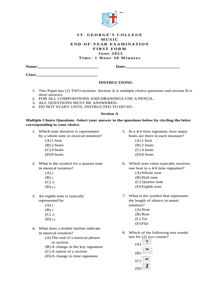 Music 1st Form Exam June 2023 | PDF | Musicology | Musical Compositions